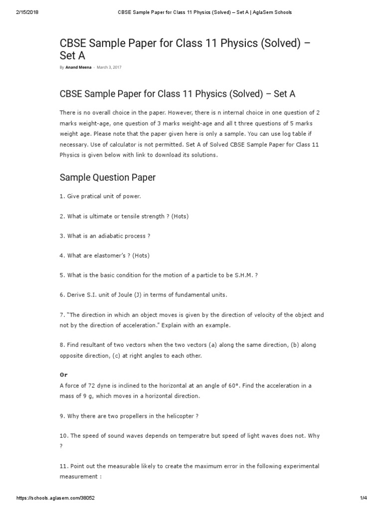 CBSE Sample Paper For Class 11 Physics (Solved) - Set A - AglaSem ...