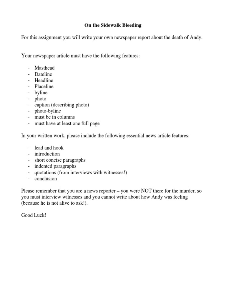 On The Sidewalk Bleeding Article Assignment 1rigo9d | PDF | Newspapers ...