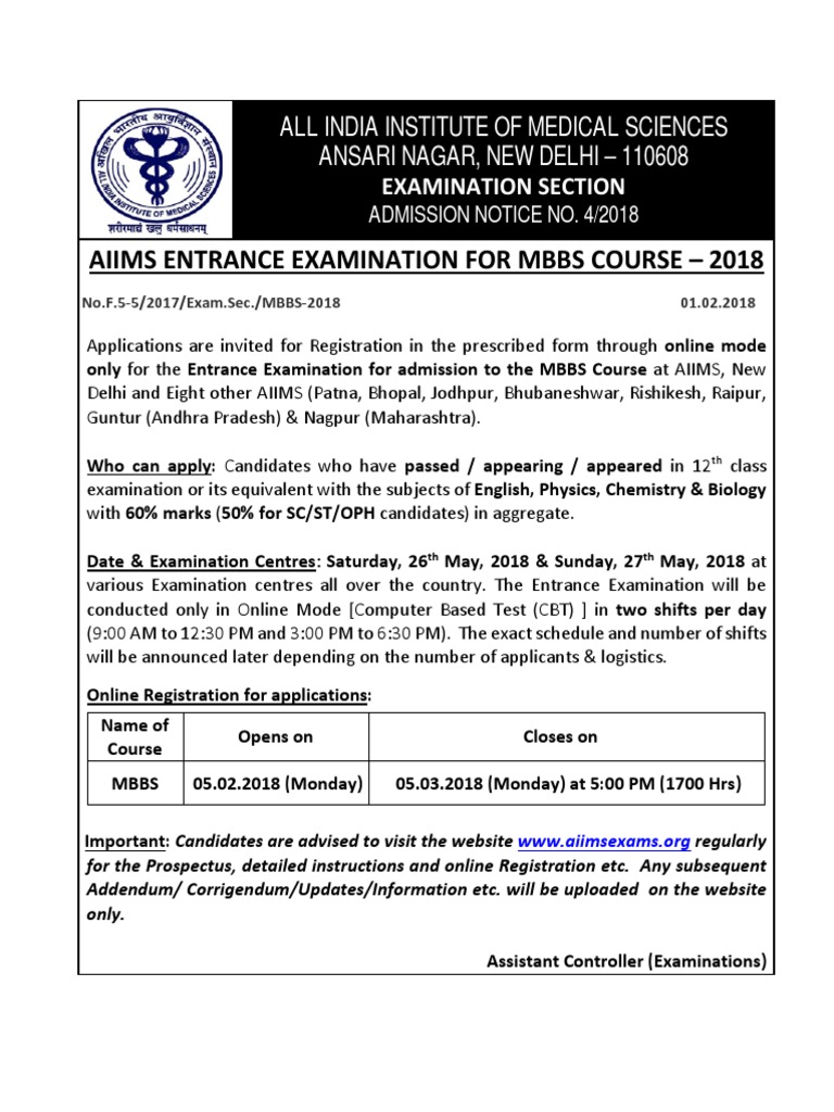 Advertisement For AIIMS MBBS 2018 | PDF