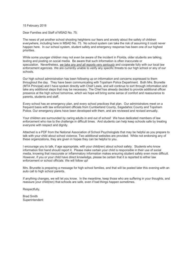 READ: Letter From MSAD #75 Superintendent Brad Smith | PDF | Anger | Risk