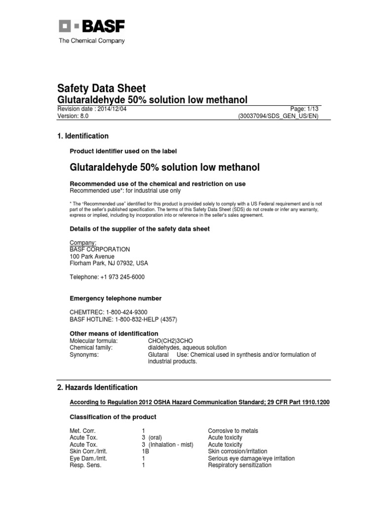 BASF 50 Percent Glutaraldehyde SDS | PDF | Toxicity | Personal Protective Equipment