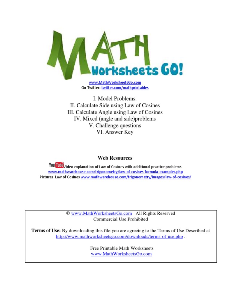 Law of Cosines Worksheet PDF | PDF | Trigonometric Functions | Triangle