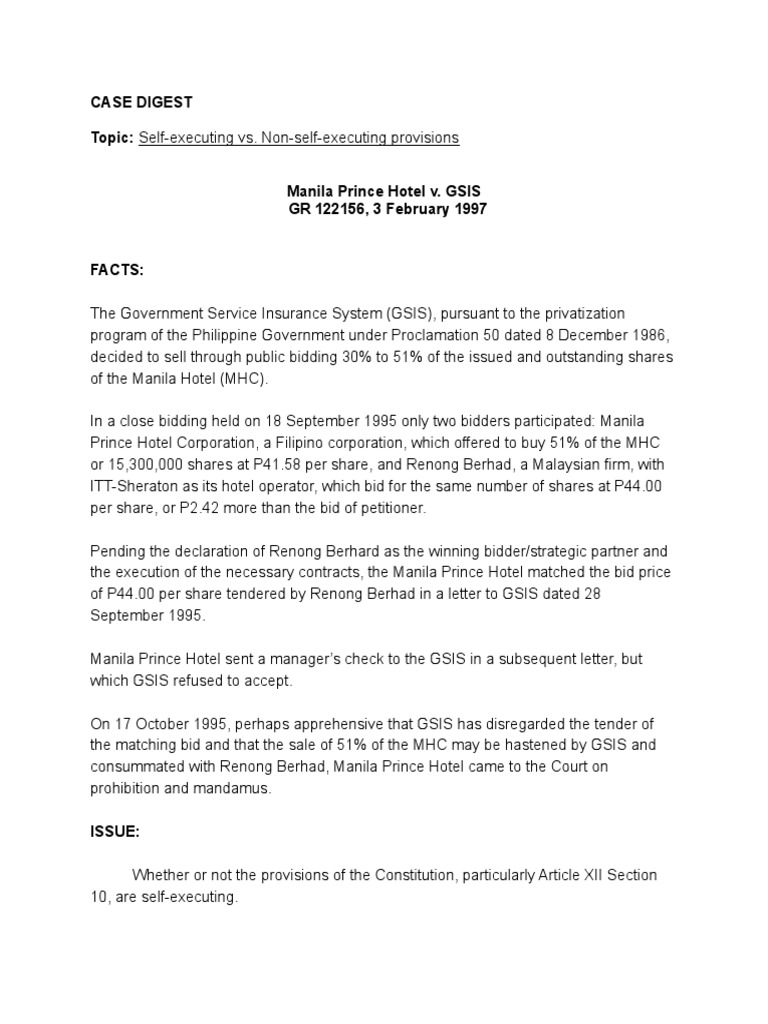 Case Digest - Manila Prince Hotel V GSIS GR 122156, 3 February 1997 ...