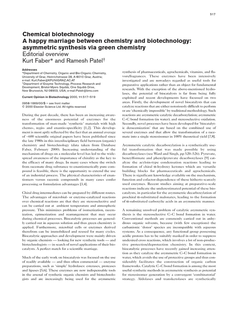 Editorial Overview Kurt Faber and Ramesh Patel | PDF | Enantioselective ...
