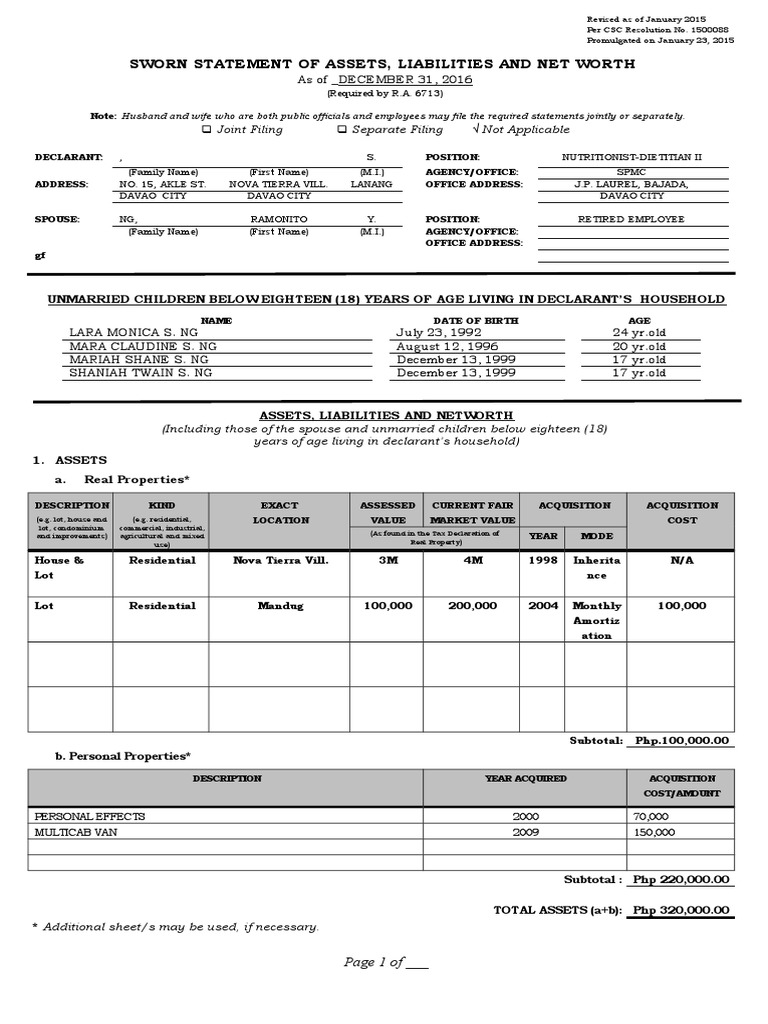 2016 SALN Form - Judithdoc | PDF | Identity Document | Economies