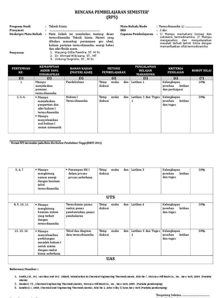 RPS Termodinamika 1 Teknik Kimia | PDF | Teknologi & Rekayasa