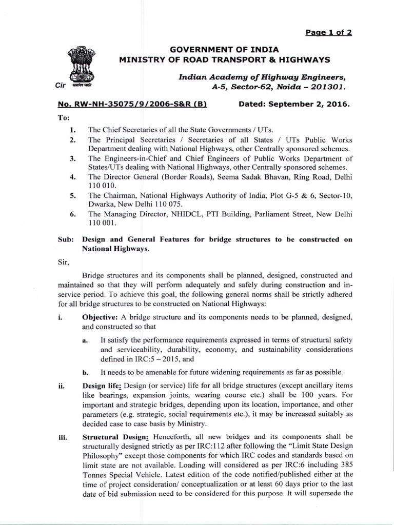 Nhai Circular On Design Features For Bridges File2360 | PDF | New Delhi ...