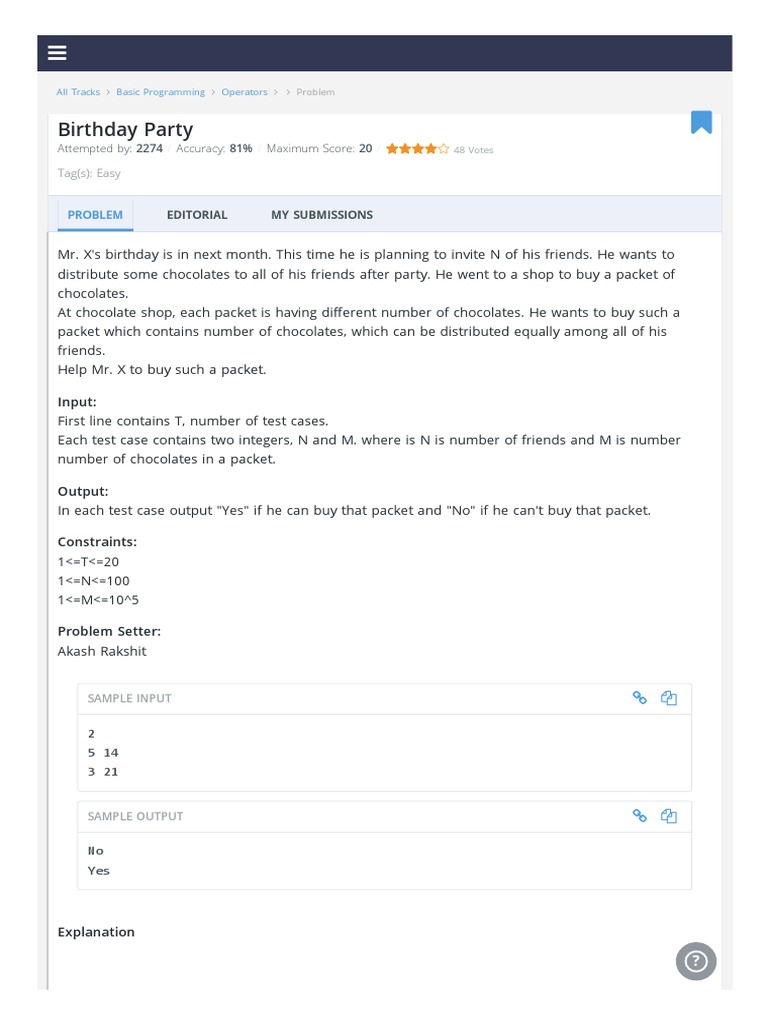 Birthday Party - Basics of Operators & Basic Programming Practice Problems - HackerEarth | PDF ...