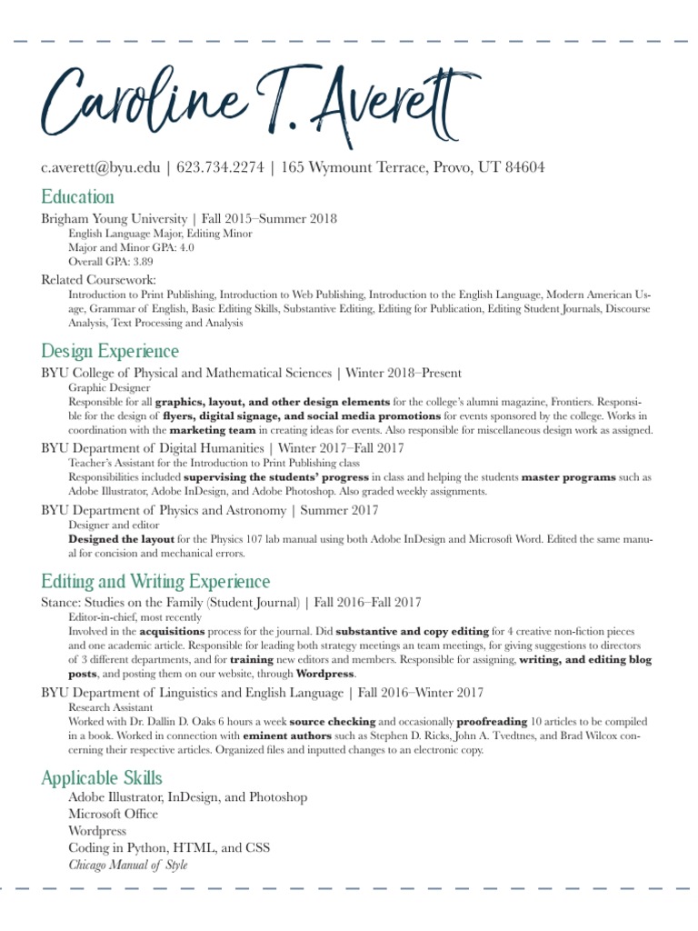 Caroline Averett's Resume and Experience | PDF | Editing | Page Layout