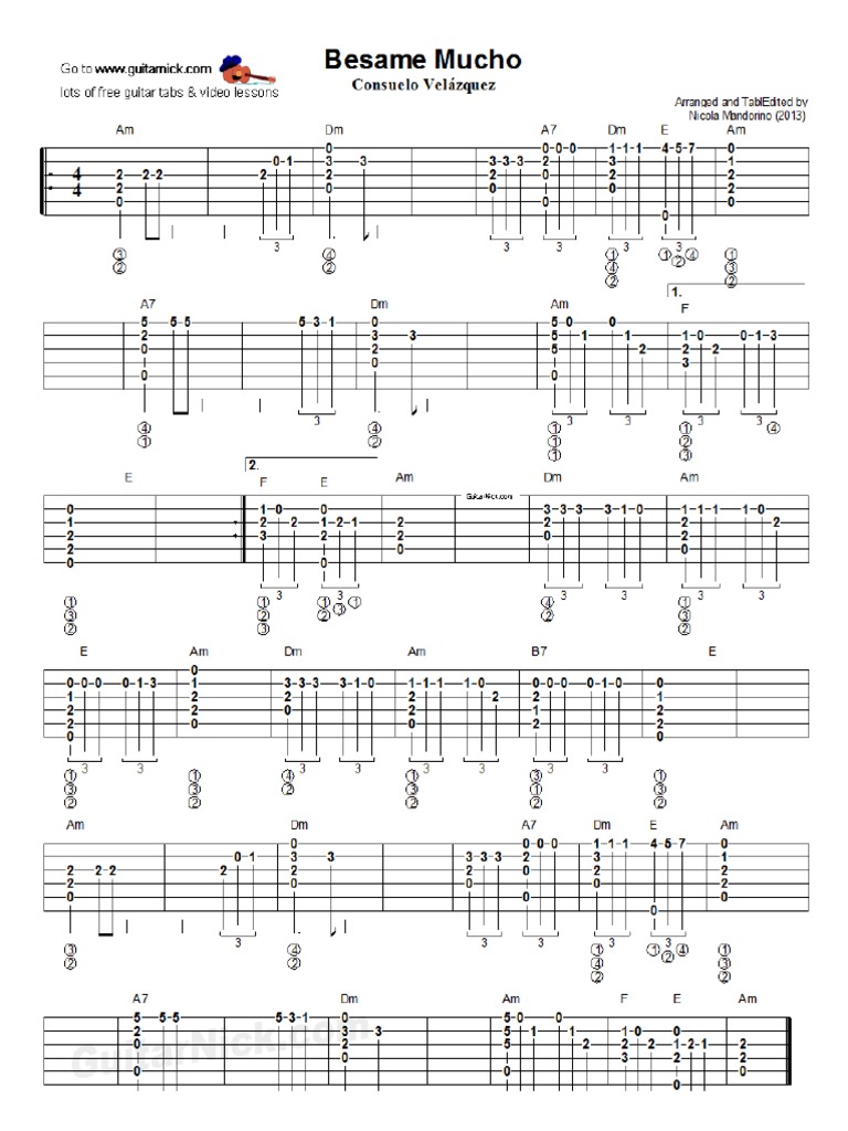 Besame Mucho Fingerstyle Guitar Tablature PDF | PDF