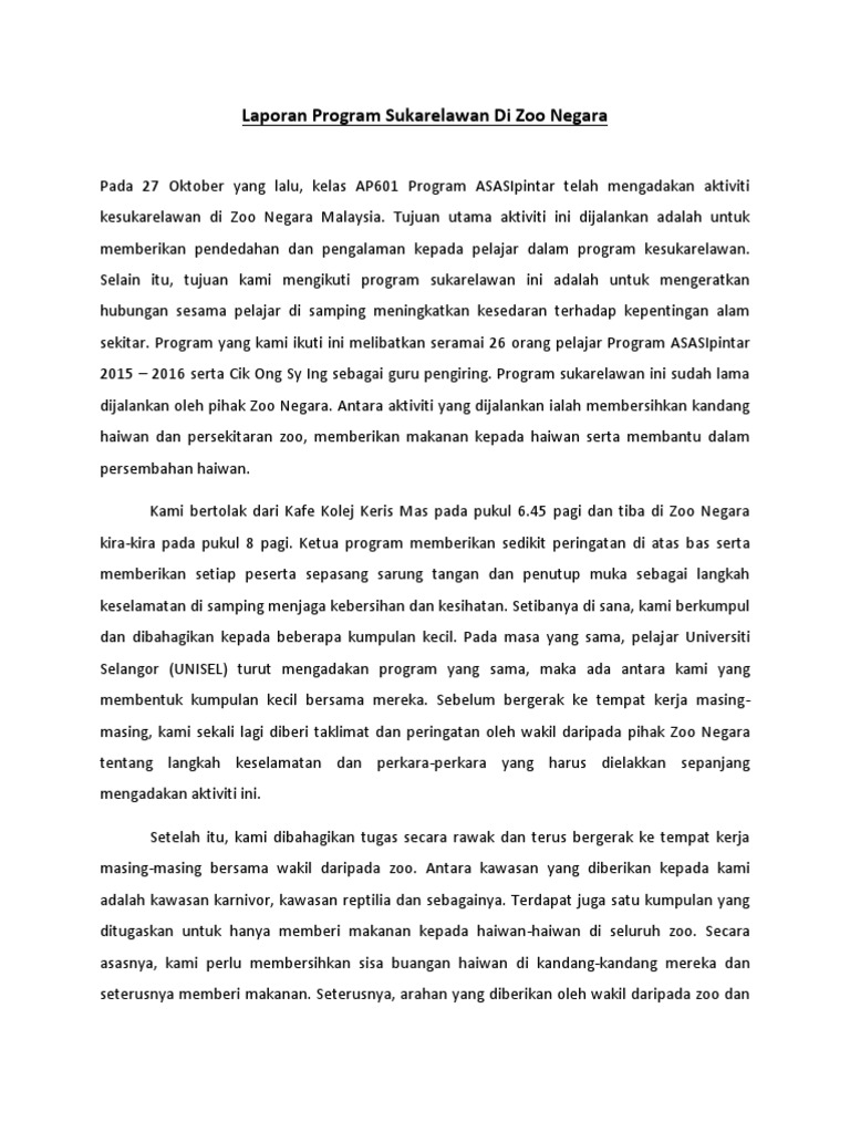 Laporan Program Sukarelawan Di Zoo Negara 1 | PDF