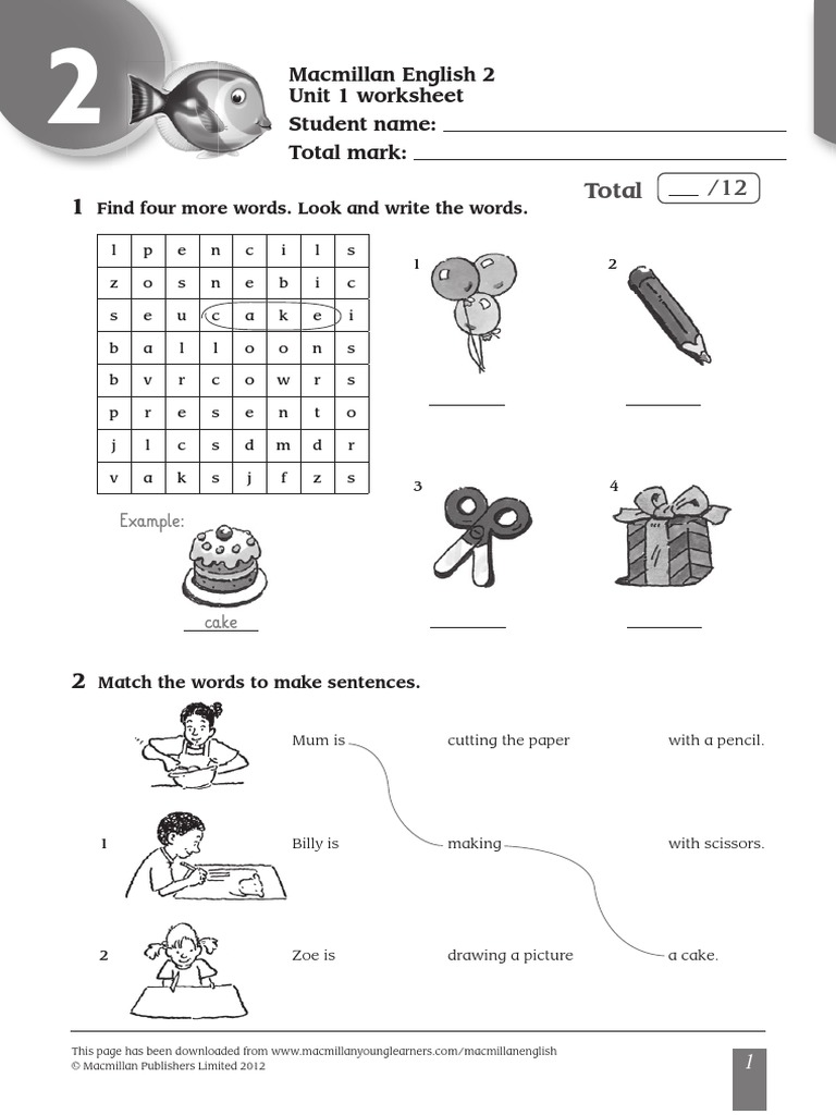 Total: Macmillan English 2 Unit 1 Worksheet Student Name: Total Mark | PDF