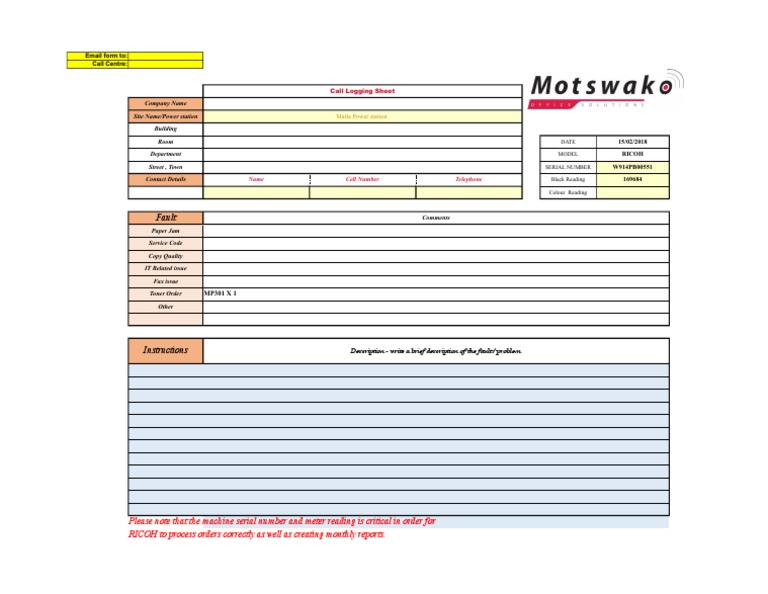Copy of Copy of Eskom Toner and Call Logging Sheet | PDF