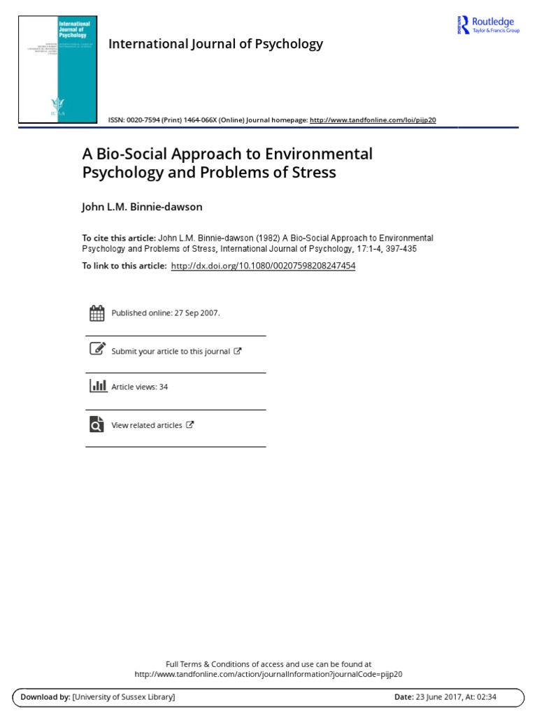 A Bio Social Approach To Environmental Psychology and Problems of ...