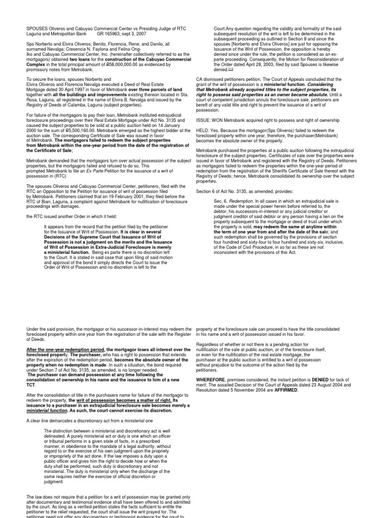 RTC Ruling on Metrobank Writ of Possession Upheld | PDF | Mortgage Law ...