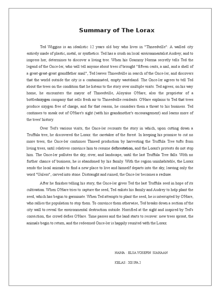 Summary of The Lorax | PDF | Leisure | Nature