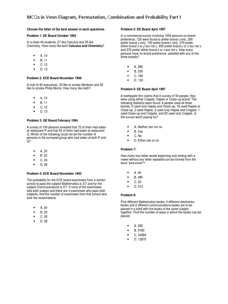 MCQs in Venn Diagram, Permutation, Combination and Probability Part I ...