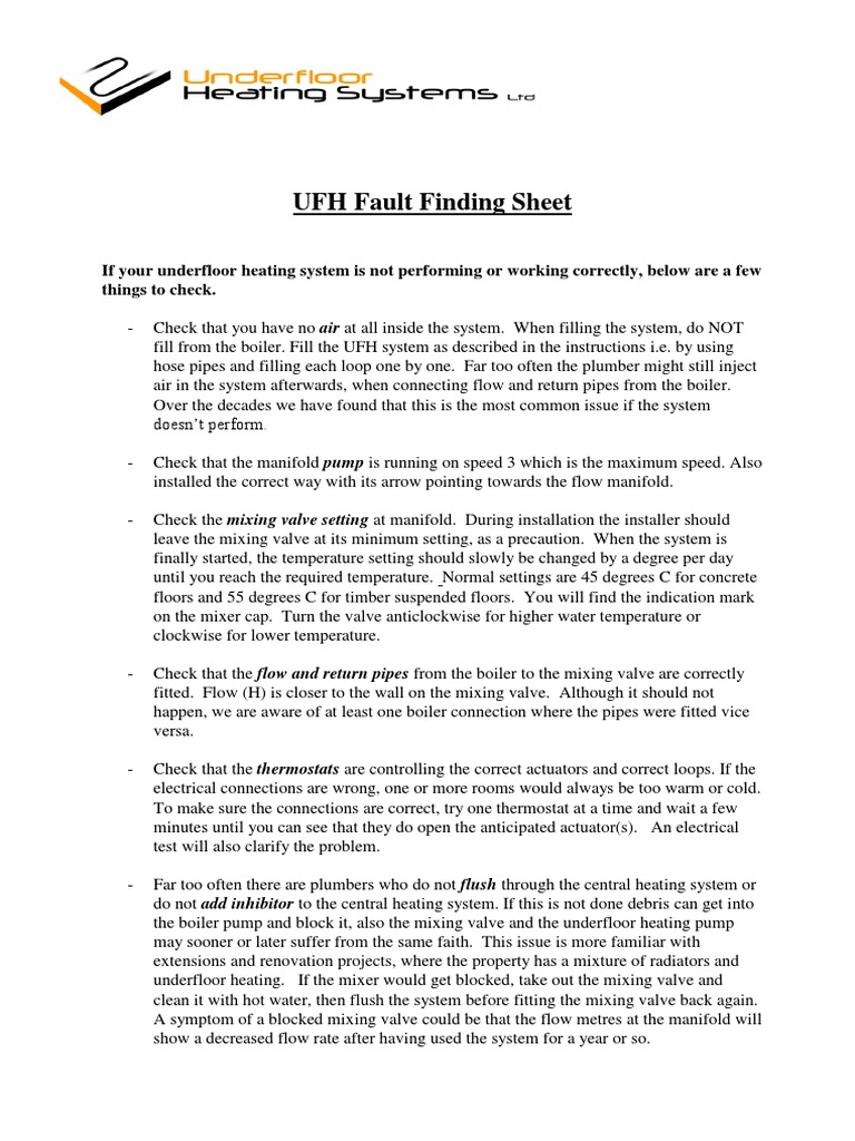 Fault Finding Sheet Underfloor Heating Systems | Download Free PDF ...