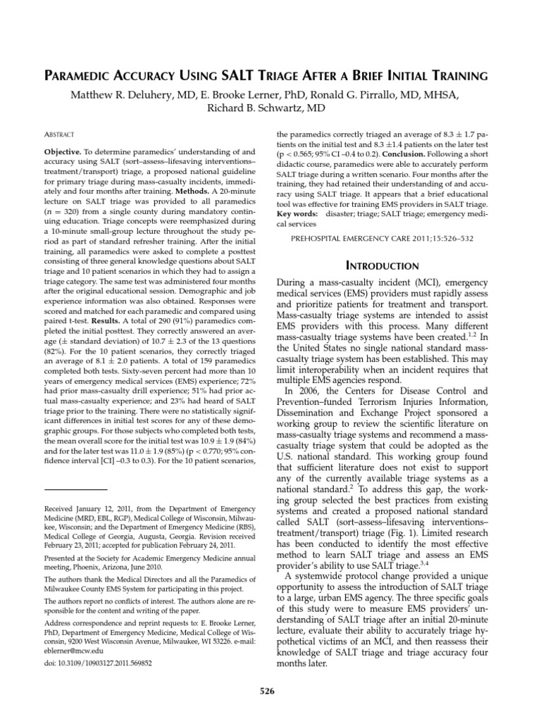 Paramedic Accuracy Using Salt Triage After A Brief Initial Training ...