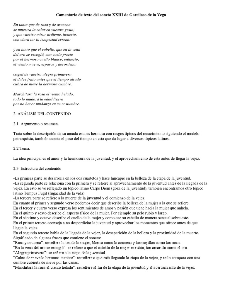 Análisis del Soneto XXIII de Garcilaso de la Vega: la belleza de la ...