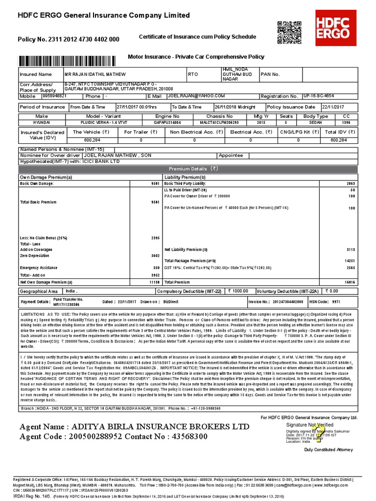 HDFC ERGO General Insurance Company Limited: Policy No. 2311 2012 4730 ...