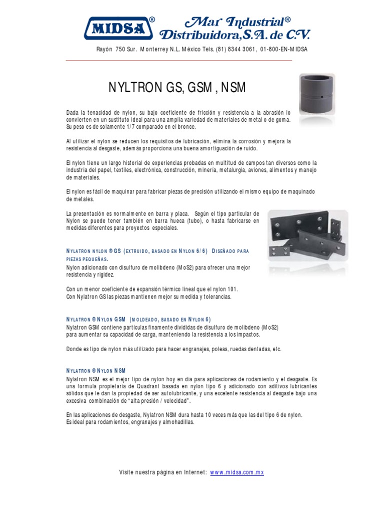Nylatron-GS-GSM-NSM, Siempre en MIDSA | PDF | Engranaje | Rieles
