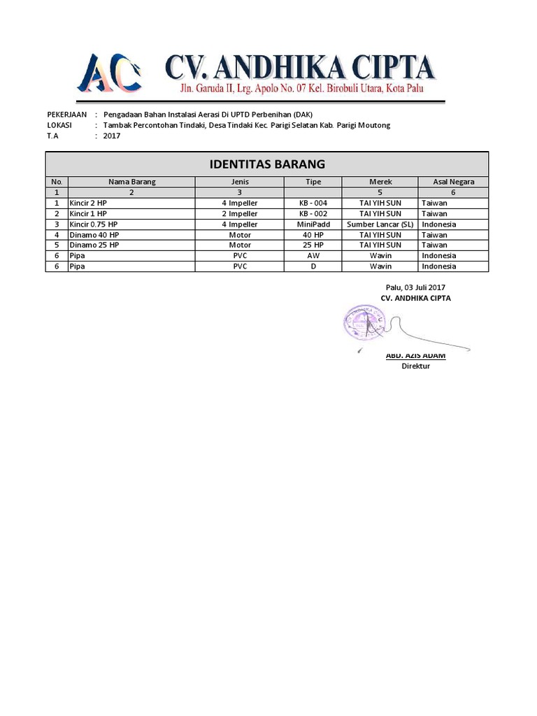 Identitas dan Spesifikasi Barang DAK | PDF