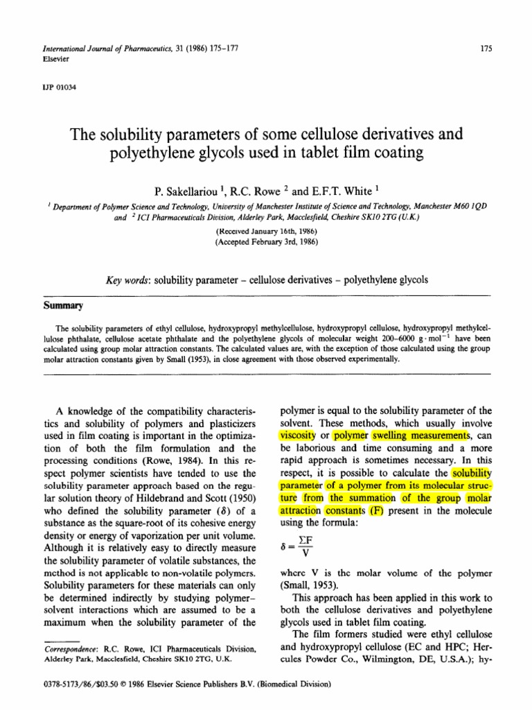 Solubility Parameter Cellulose Esters PDF | PDF | Polyethylene Glycol ...
