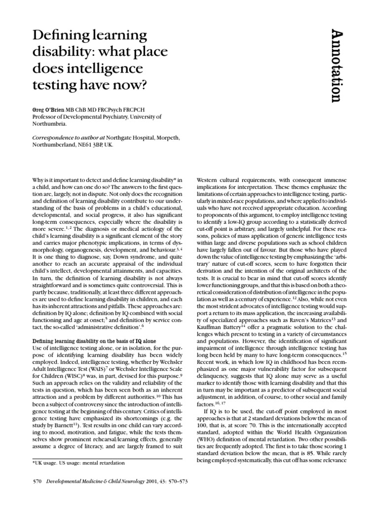 Defining Learning Disability: The Role of Intelligence Testing | PDF ...