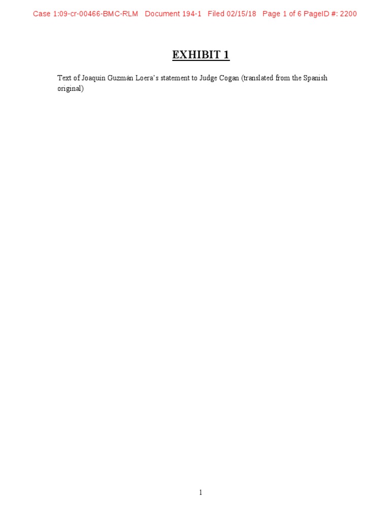 El Chapo (Joaquin Guzman) Letter To Judge Cogan - Exhibit 1a Full ...