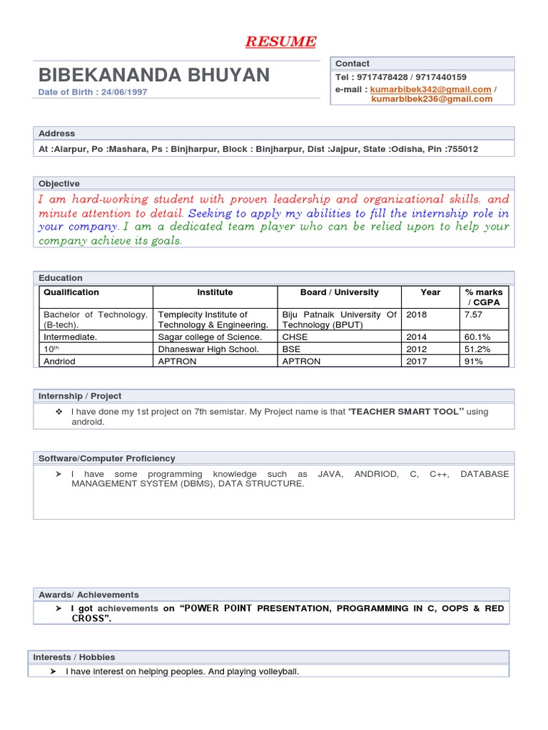 Resume of Bibekananda Bhuyan | PDF