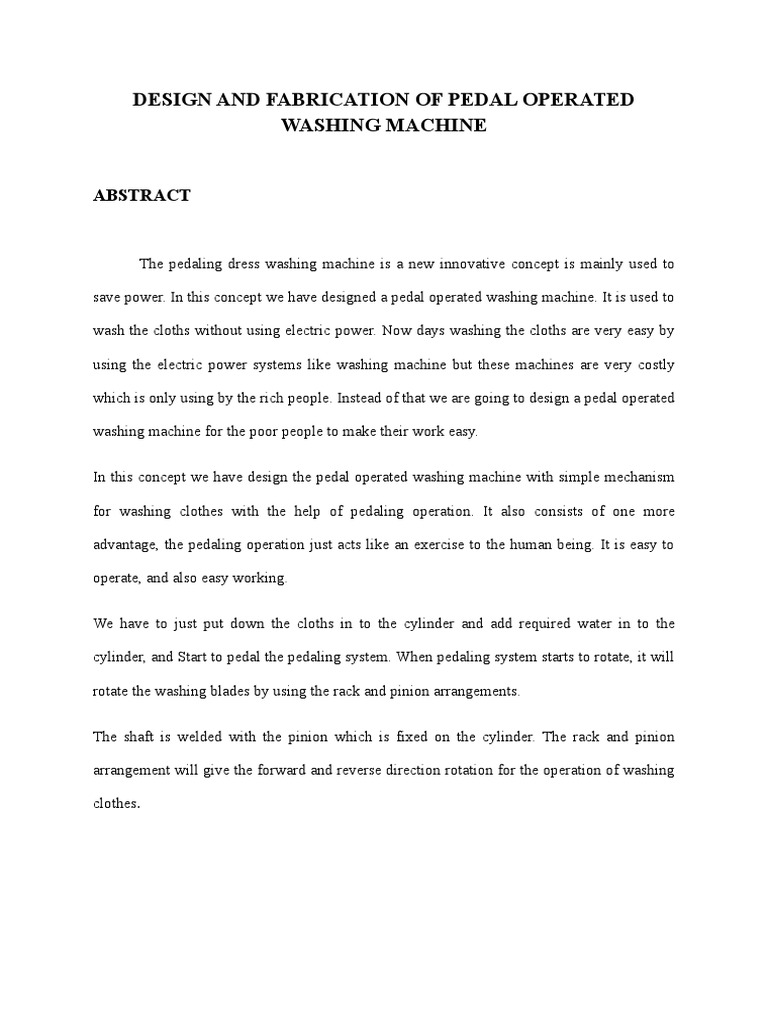 Design and Fabrication of Pedal Operated Washing Machine | PDF ...