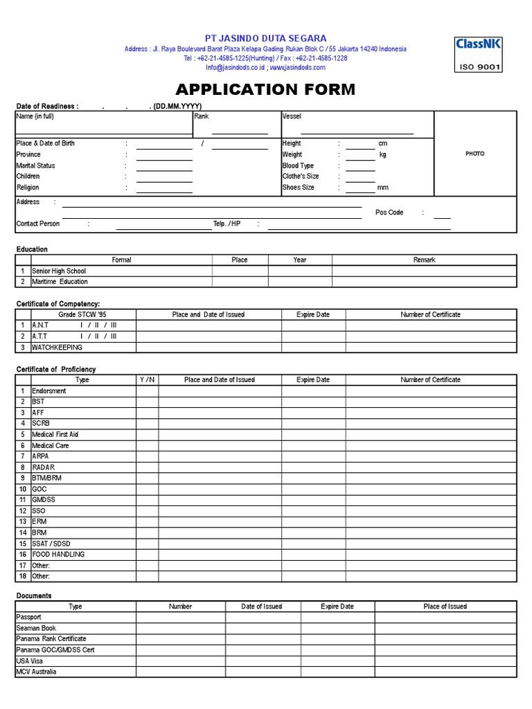 Application Form: PT Jasindo Duta Segara | PDF | Water Transport | Business