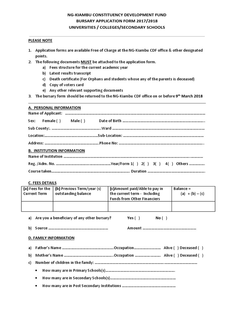 Bursary Application Form - 2017-2018 | PDF | Social Institutions ...