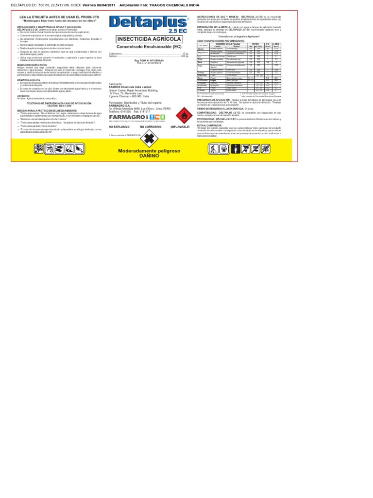 Deltaplus 2.5 Ec 500 ML - Tagros | PDF | Toxicidad | Pesticida
