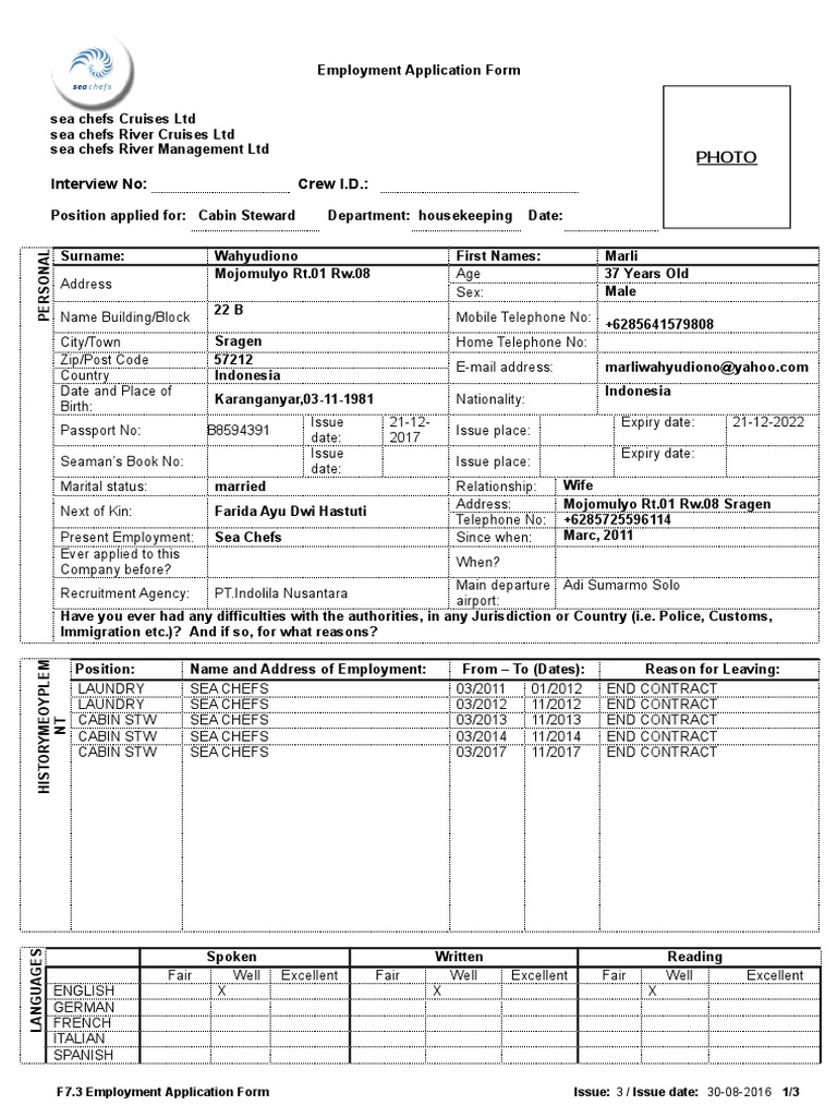 Sea Chefs Employment Application Form | PDF | Travel Visa | Immigration