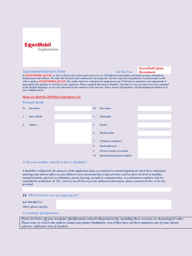 Exxonmobil Qatar Interview Form | PDF | Personally Identifiable ...