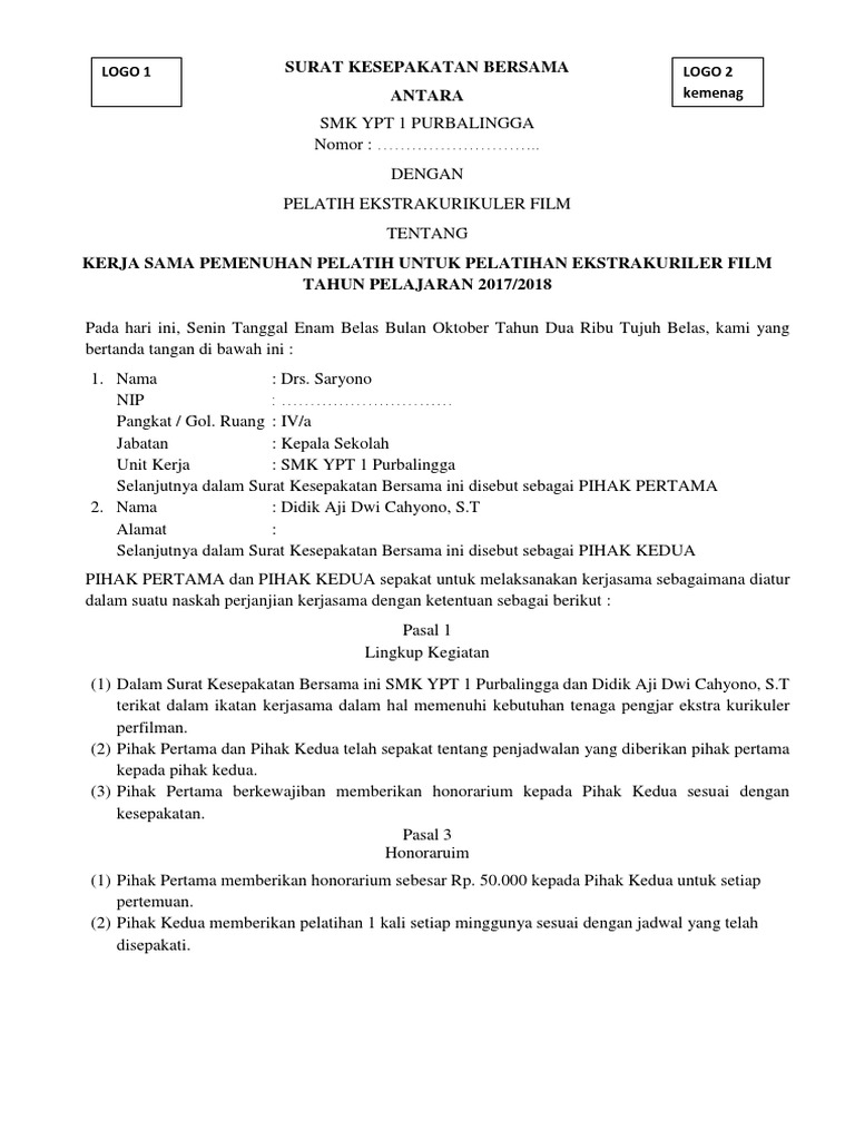 Contoh Surat Kesepakatan Bersama Mou | PDF