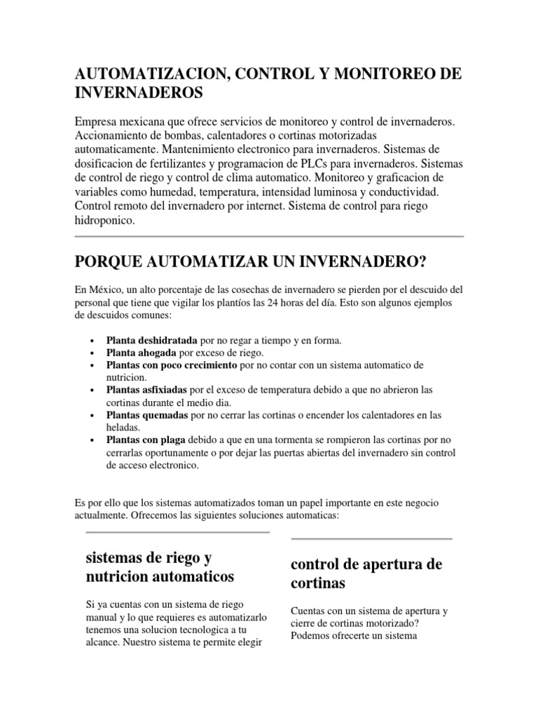 Automatizacion, Control y Monitoreo de Invernaderos | PDF | Sensor ...