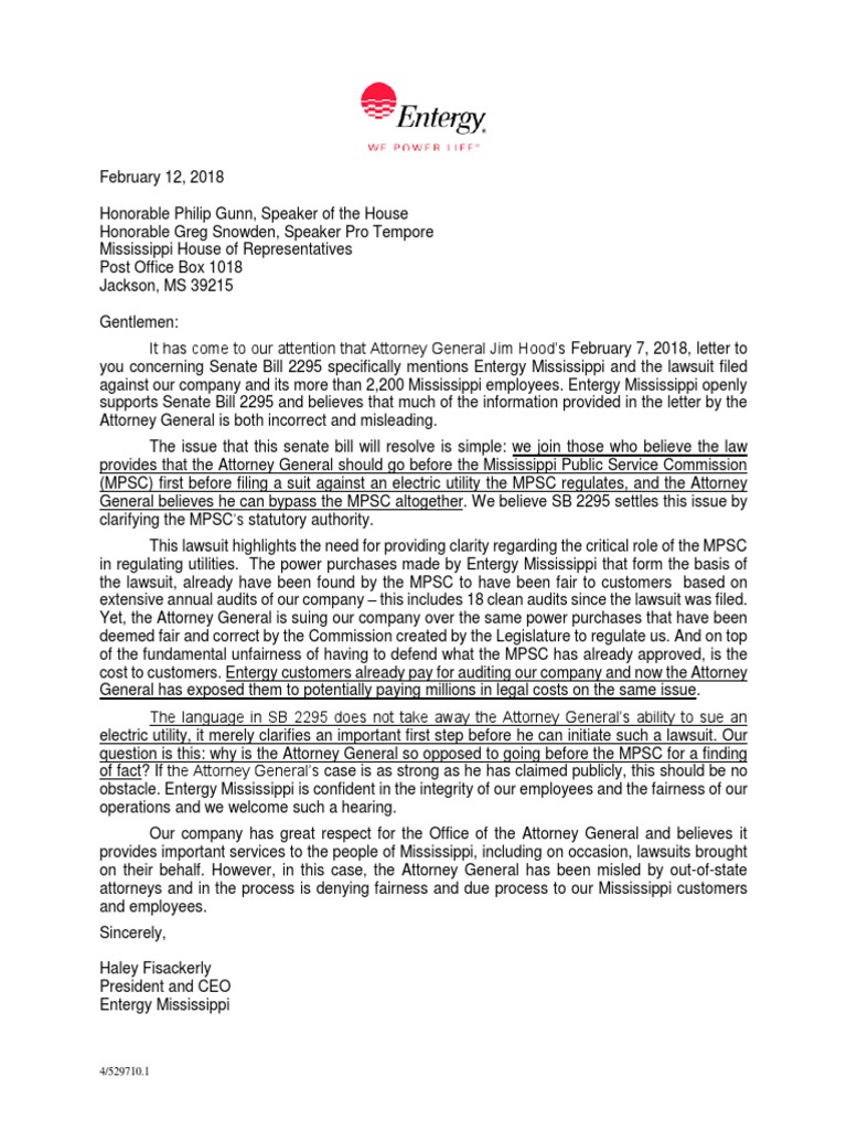 AG Response Letter From Entergy | PDF | Lawsuit | Jurisdiction