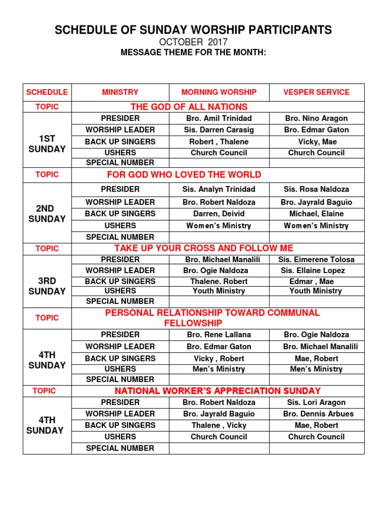 Sunday Worship Schedule 2017 | PDF | Social Science | Religion ...