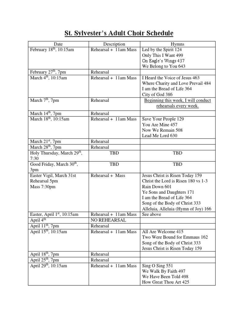 Adult Choir Schedule Psring 2018 | PDF | Mass (Liturgy) | Easter