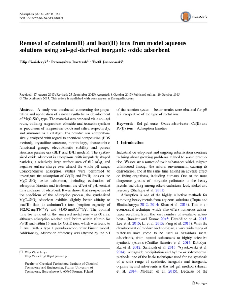 Removal of Cadmium (II) and Lead (II) Ions From Model Aqueous Solutions Using Sol-Gel-Derived ...