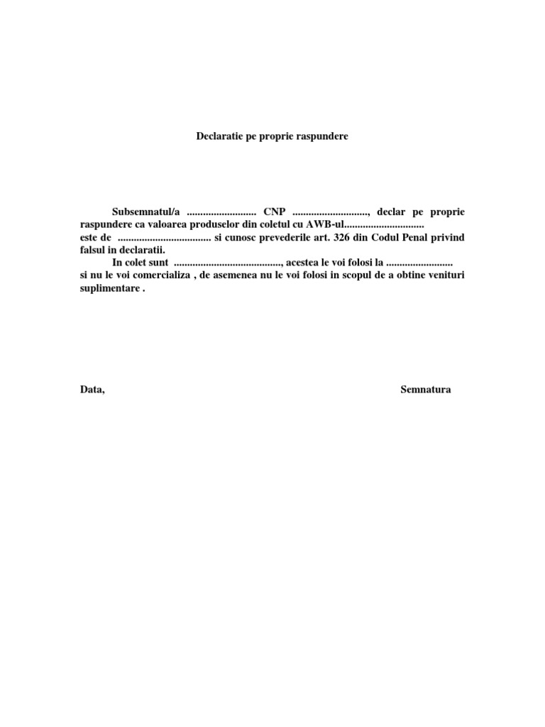Declaratie Pe Propria Raspundere | PDF