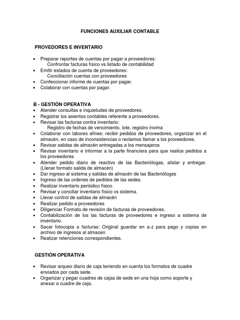 Funciones Auxiliar Contable | PDF | Contabilidad | Inventario
