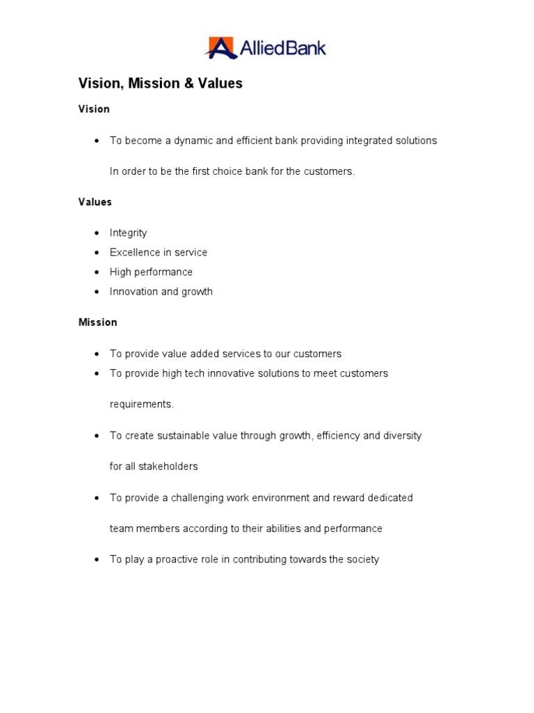 Vision, Mission & Values | PDF | Cheque | Banks
