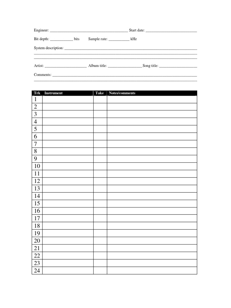 Tracksheet PDF | PDF | Information And Communications Technology | Sound Production Technology