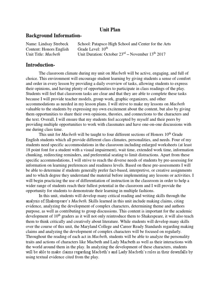 Unit Plan | Download Free PDF | Lesson Plan | Macbeth