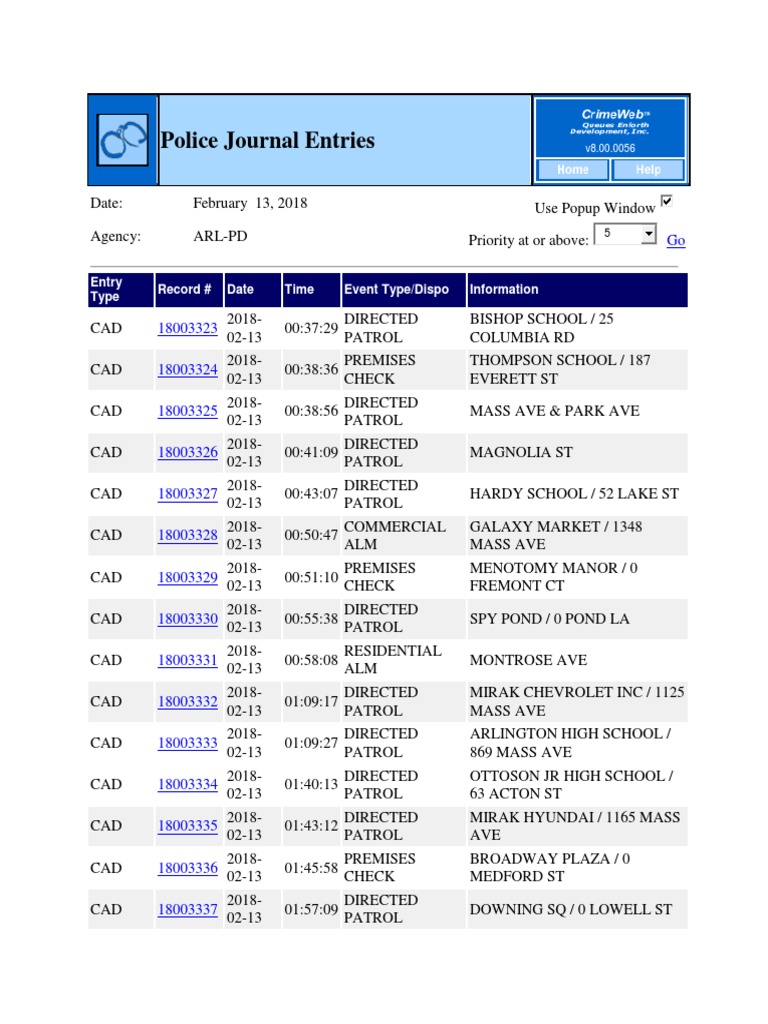Police Journal Entries: Entry Type Record # Date Time Event Type/Dispo ...