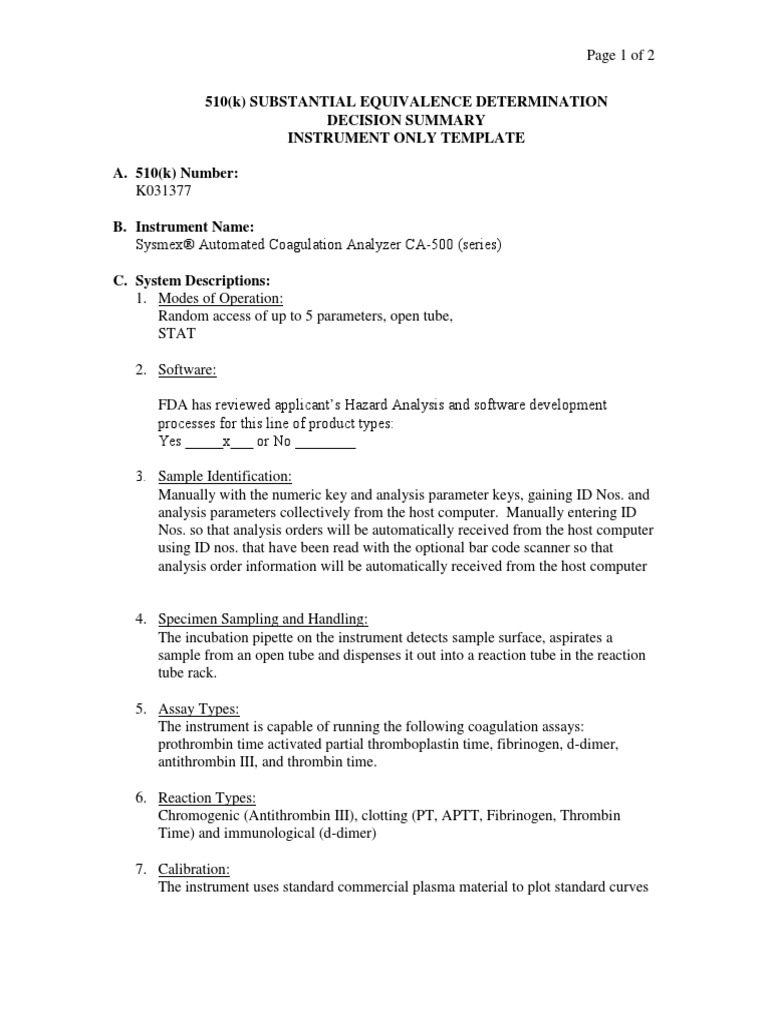 510 (K) SUBSTANTIAL EQUIVALENCE DETERMINATION | PDF | Coagulation ...
